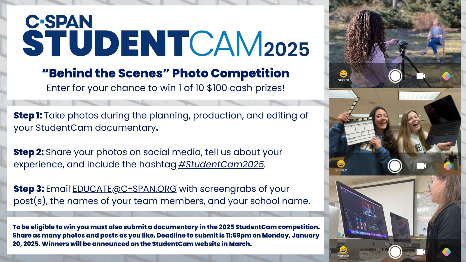 Take Us Behind the Scenes for Additional Cash Prizes! – STUDENTCAM